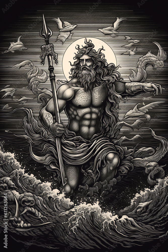 Engraving portrait of Neptune the Roman god of the sea who's Greek ...