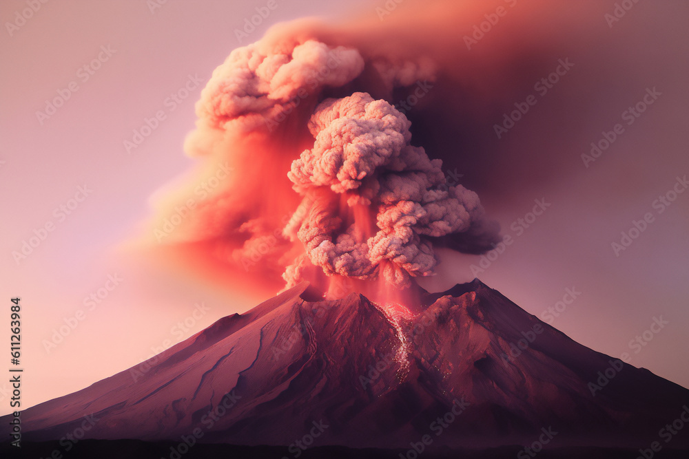 Volcano eruption creating an explosive mix of volcanic ash and molten ...