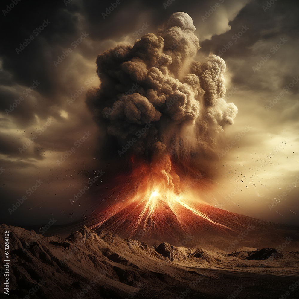 Volcano eruption creating an explosive mix of volcanic ash and molten ...