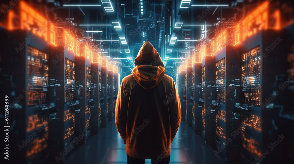 Back view of hacker standing among illuminated servers. Generative Ai ...