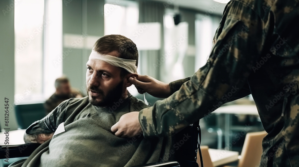 Injured soldier with bandage on his head sitting in a wheelchair during ...
