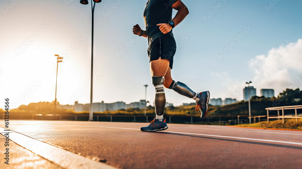 Runner disabled athlete running on city road. Man fitness jogging with ...