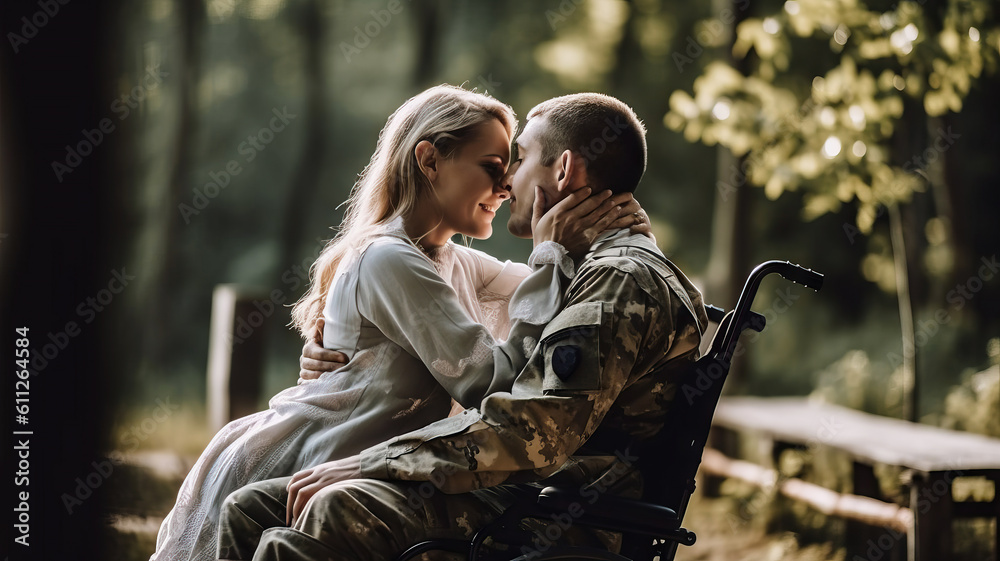 Beautiful young couple in love sitting on a wheelchair in the park ...