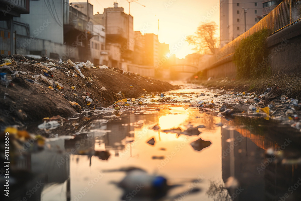 Dirty and polluted river running through an urban area, Climate change ...