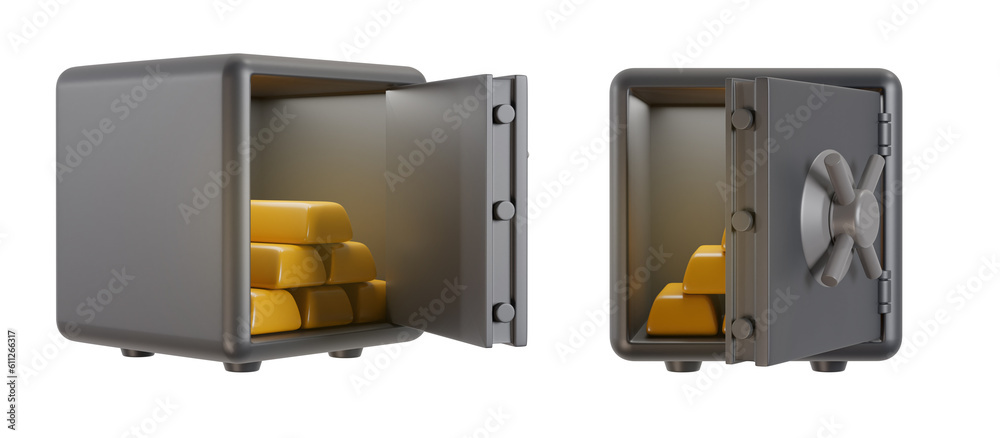 Set open metallic bank safe with gold bars isolated on white background ...