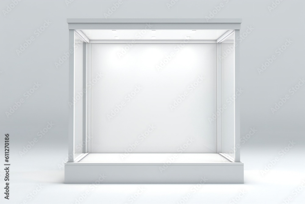 Empty white goods and services glass expo trade show booth for product ...