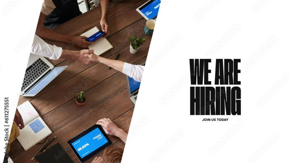 we are hiring, join us today - text animation with white background ...