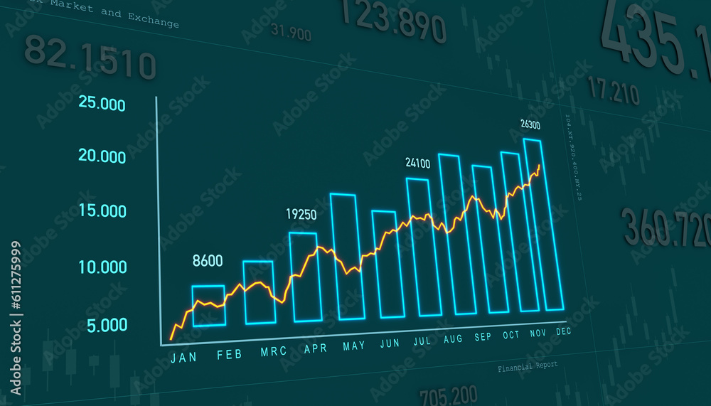 Chart, graph moving up, progress. Positive bar chart in yellow, rising ...
