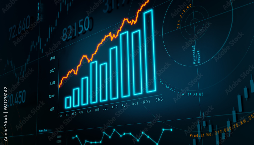 Chart, graph moving up, progress. Positive bar chart in blue, rising ...