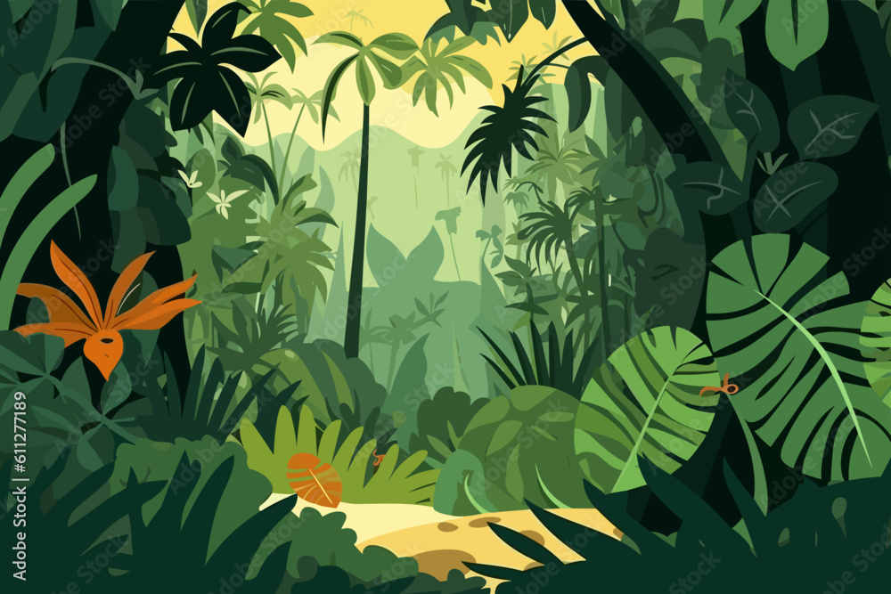 Doodle inspired inside of rainforest, cartoon sticker, sketch, vector ...