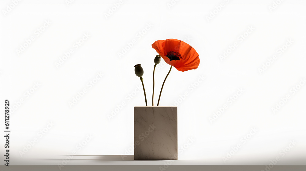 Red orange poppy flower in a concrete vase, on a white background ...