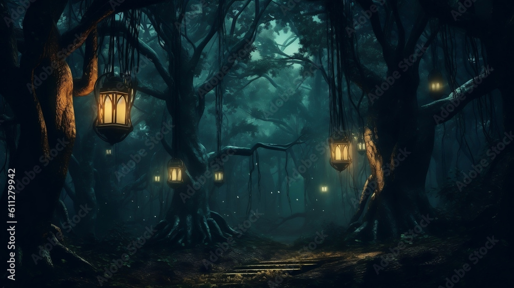 a forest trees at night time with lantern hanging on the trees lighting ...