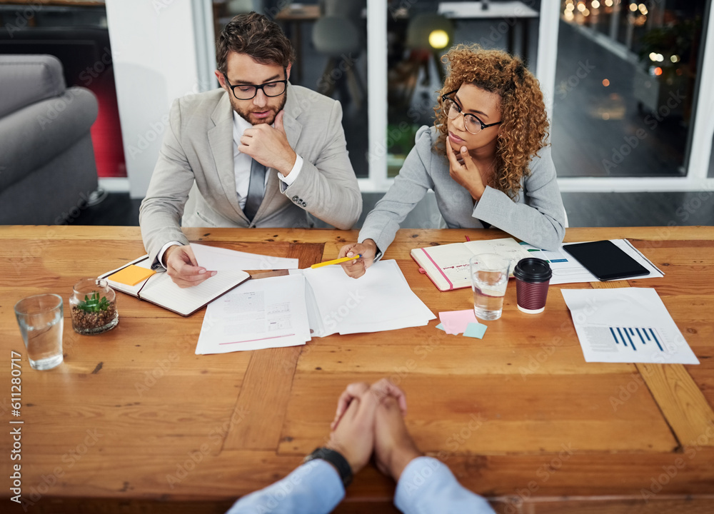 Business, recruitment and planning with employee for collaboration and ...