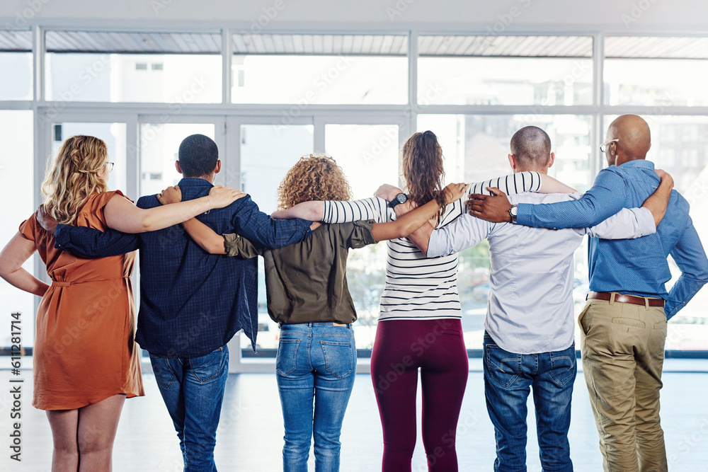 Support, teamwork and hug with back of people for motivation, community ...