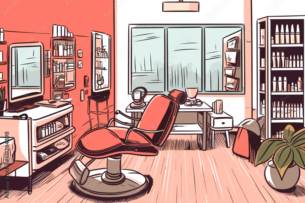 Doodle inspired inside of beauty salon, cartoon sticker, sketch, vector ...