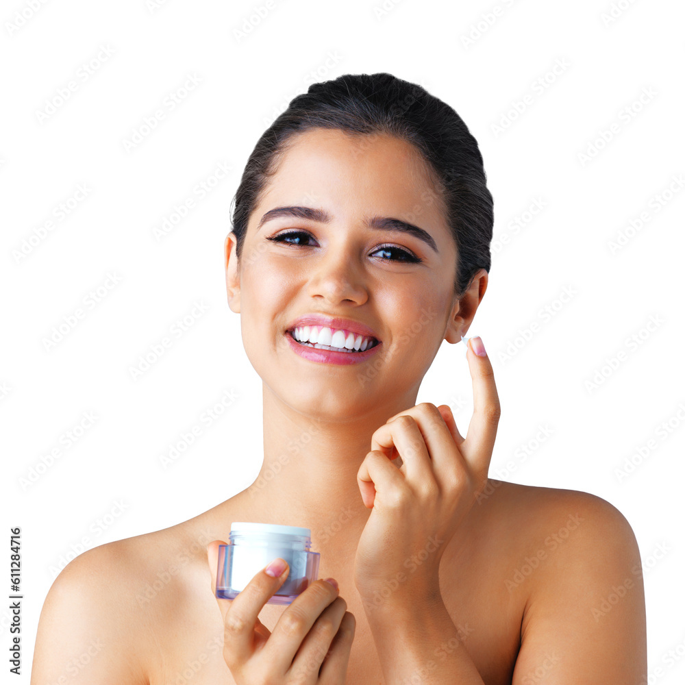 Beauty, portrait and woman cream with a smile and skincare isolated on ...