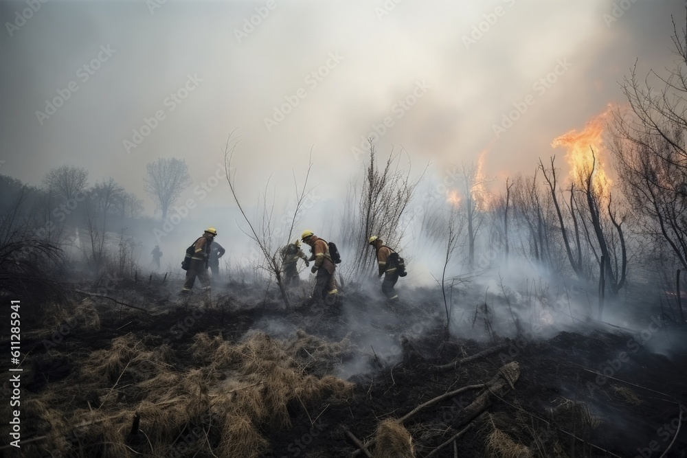 Firefighters fighting a fire in a forest. Firefighters fighting a fire ...