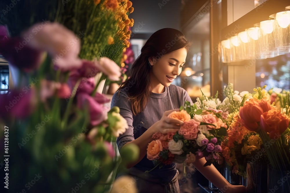 Passionate Female Owner Arranging Fresh Flowers in Modern Flower Shop ...