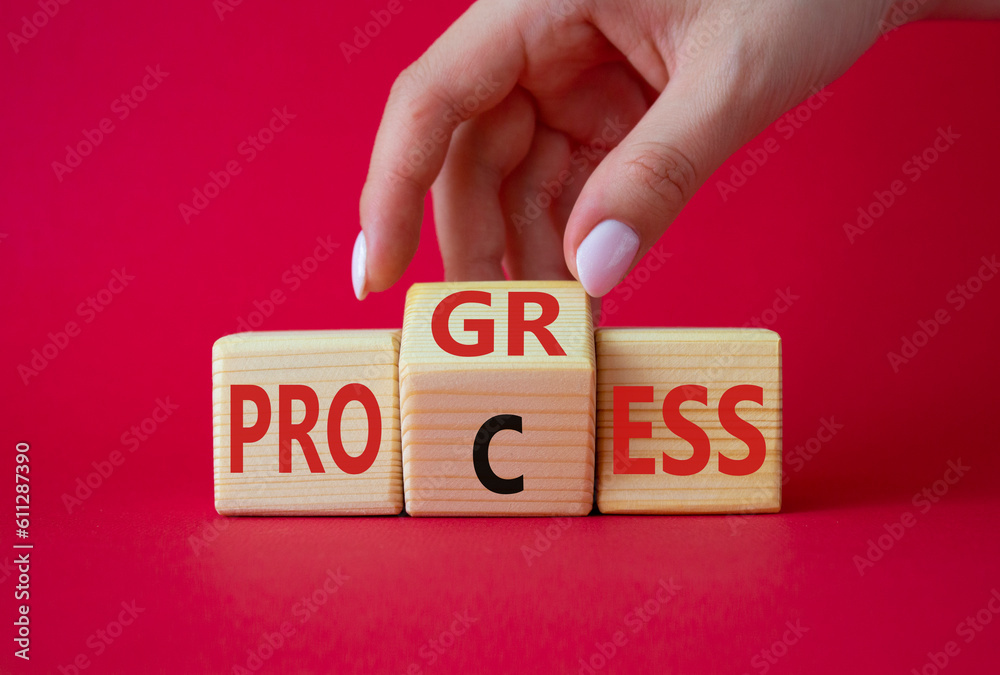 Process and Progress symbol. Businessman hand turns wooden cubes and ...