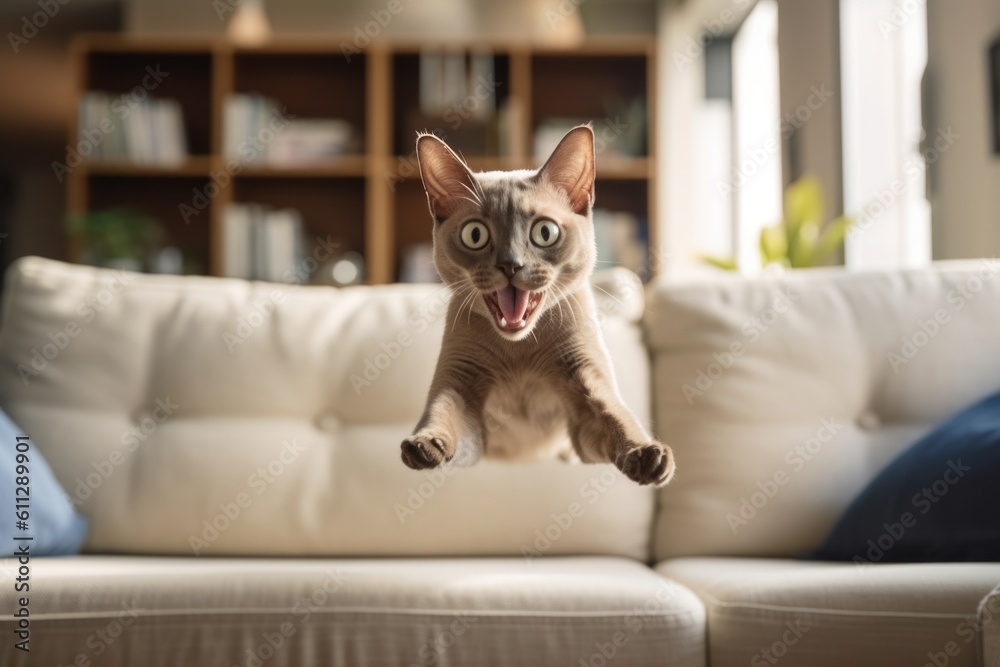 Medium shot portrait photography of a happy burmese cat hopping against ...