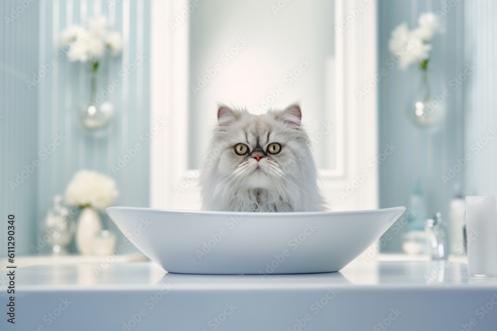 Conceptual portrait photography of a curious persian cat skulking ...
