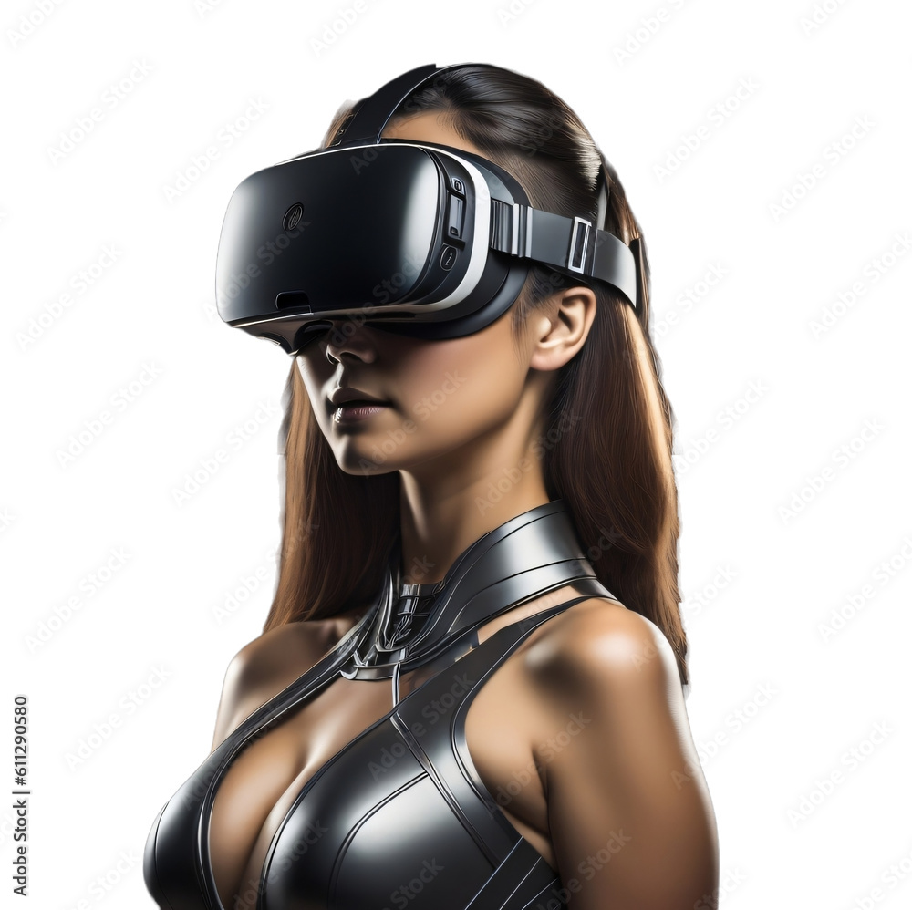Sexy girl wearing VR glasses, futuristic design, isolated, transparent background, no background ...