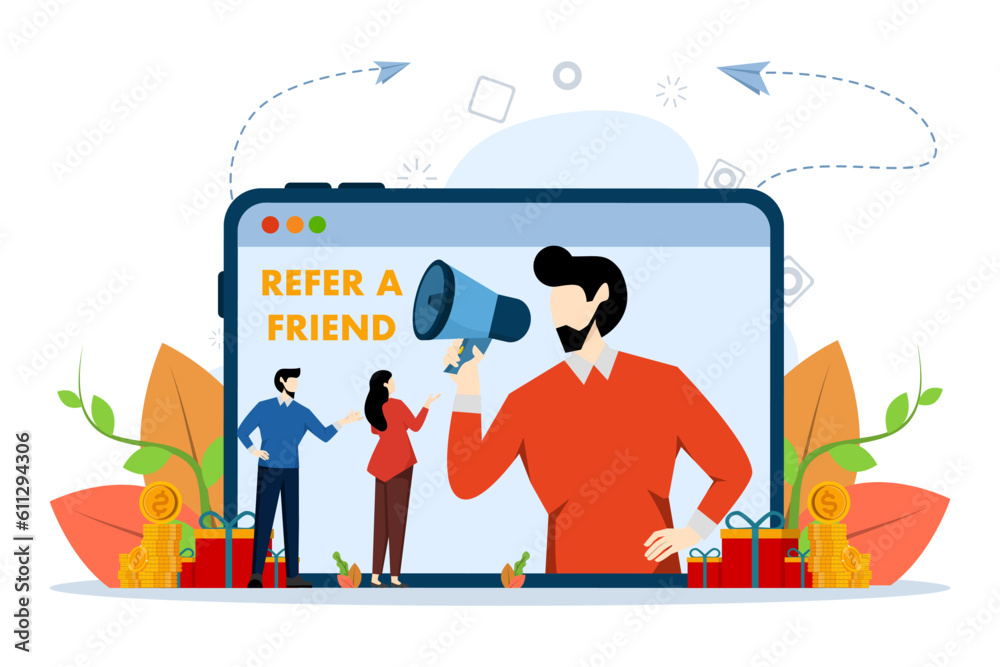 Refer a friend concept. Referral program vector illustration, man using ...