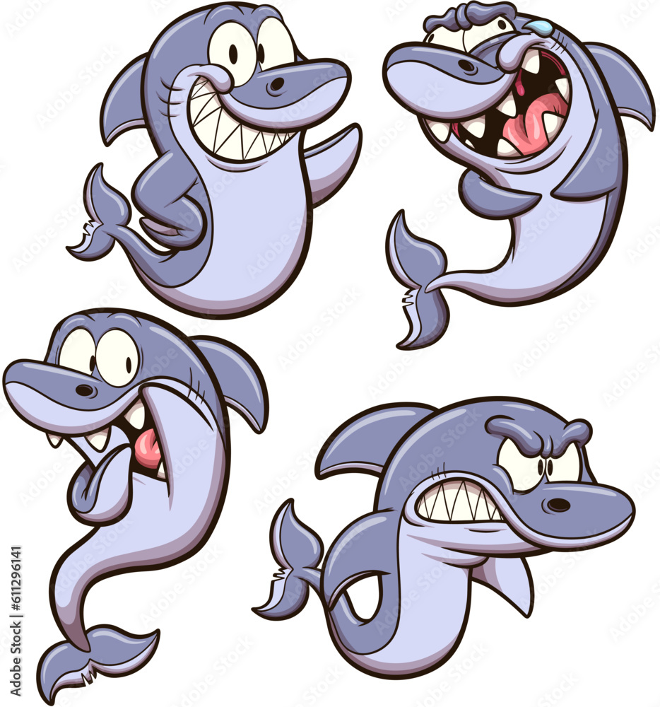 Cartoon Shark With Different Poses And Expressions. Vector illustration ...