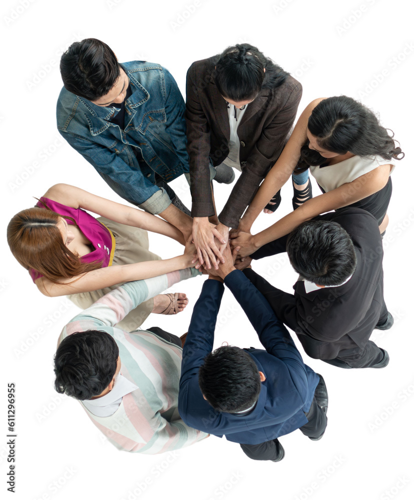 Top view of people in team stack hands at the circle together as unity ...