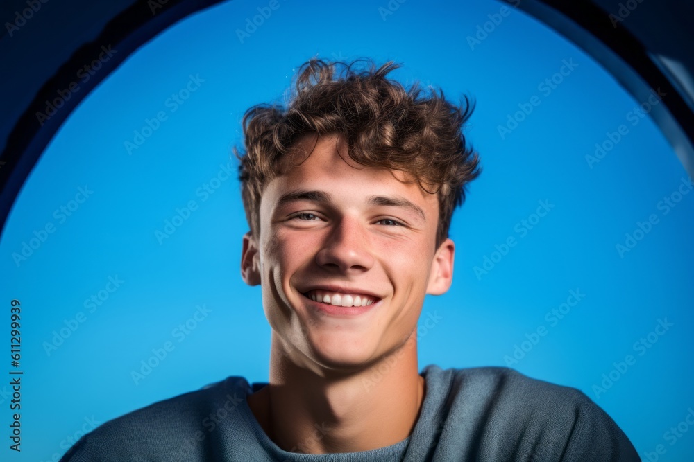 Headshot portrait photography of a grinning boy in his 20s forming a ...