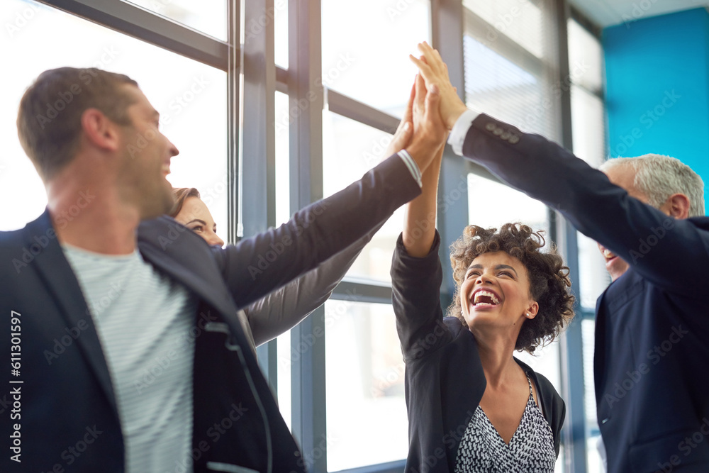 Business people, group high five and celebration in office with team, smile and support for ...