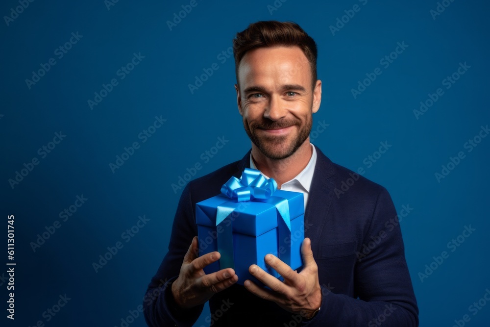 Headshot portrait photography of a glad boy in his 30s holding a gift ...