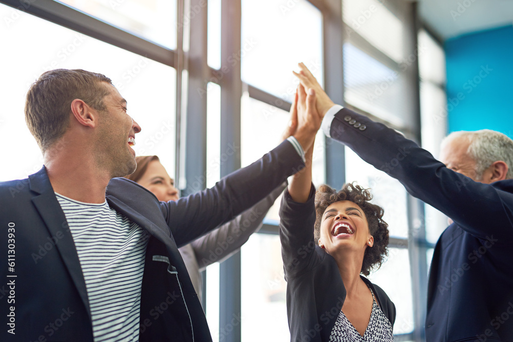 Business people, group high five and happy in office with teamwork ...