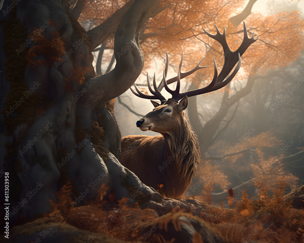 deer standing near a tree in autumn forest, epic portraiture, in a ...