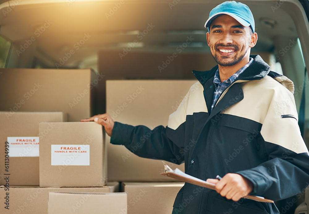 Box, delivery and shipping with portrait of man for courier, logistics ...