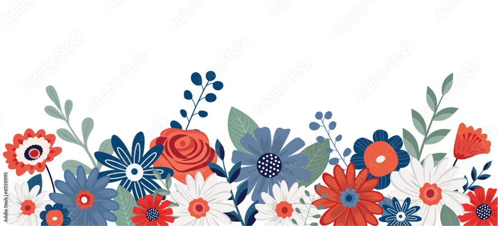 American patriotic floral border bouquet. Vector illustration. Isolated ...