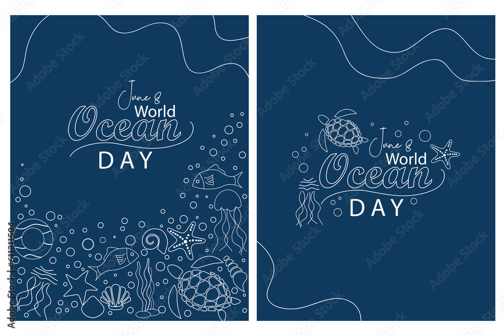 Happy World oceans day background line art with the underwater ocean ...