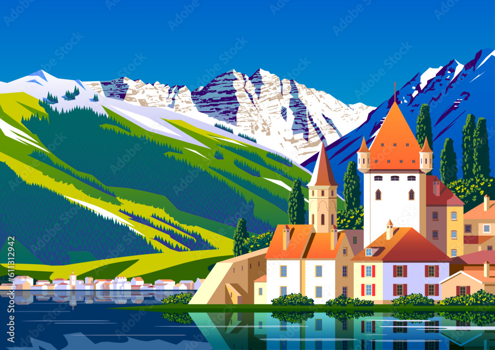 Alpine landscape with a medieval castle in the first plan, a lake, a ...