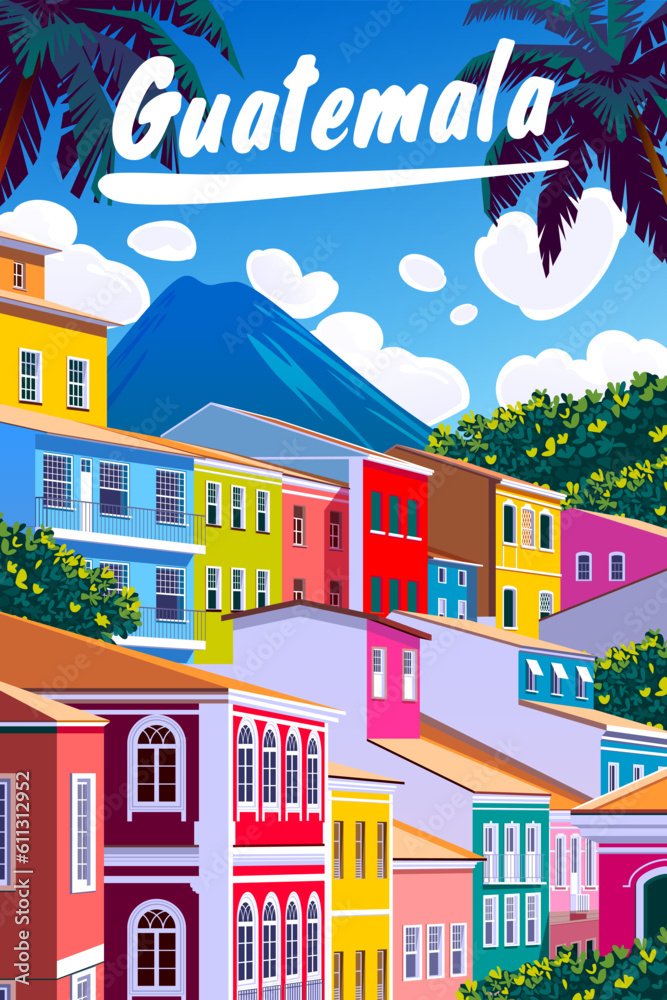 Colorful cityscape with traditional houses and palm trees. Handmade ...