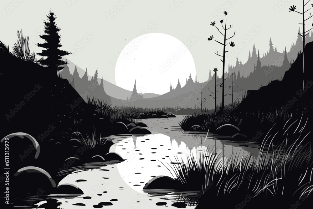 Doodle inspired inside of creek, cartoon sticker, sketch, vector ...
