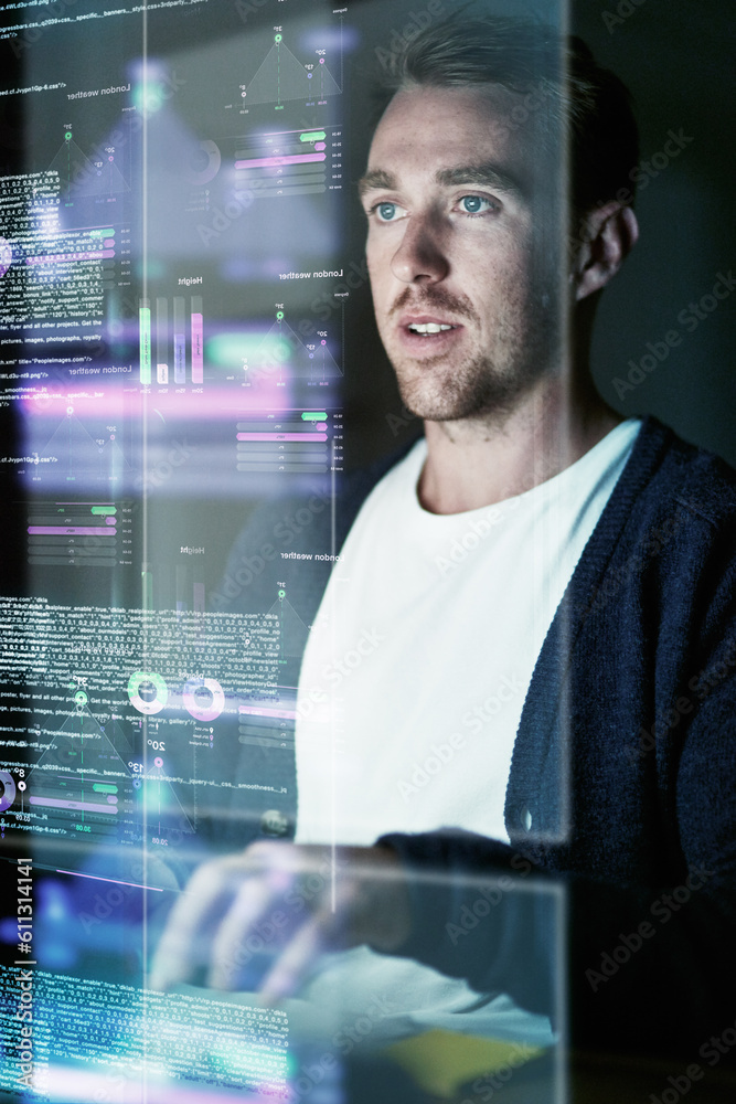 Focus, man and programmer with hologram, cyber security and futuristic with digital software ...