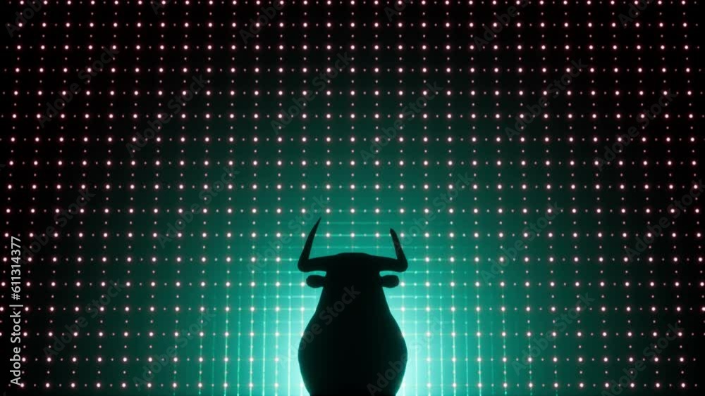 bull loop animation with moving background with grid effect. Glowing ...
