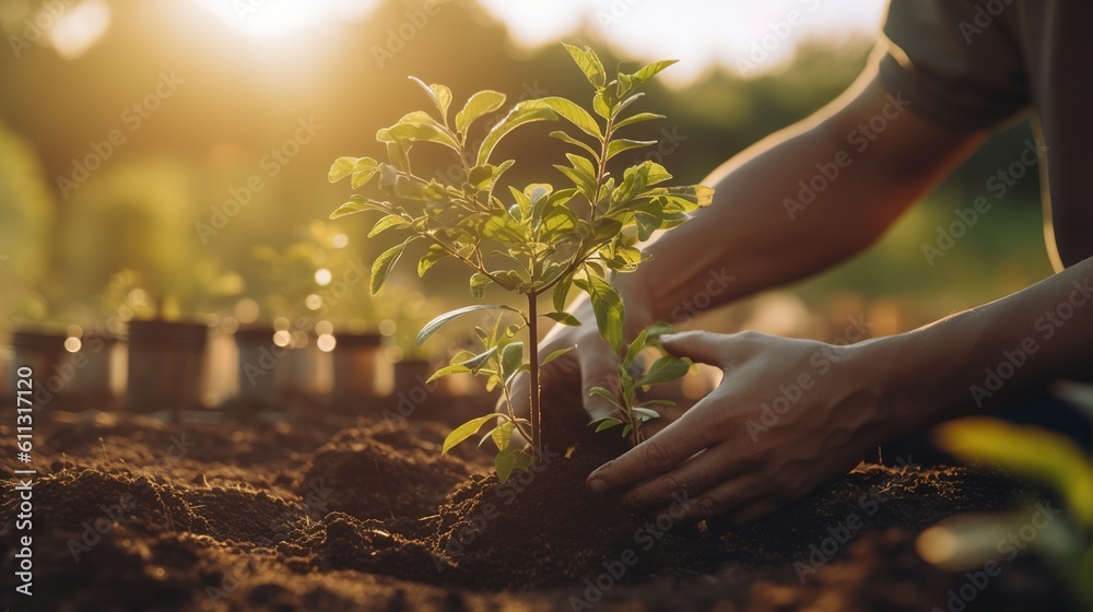 A man plants trees in a square in a community garden, promoting local ...