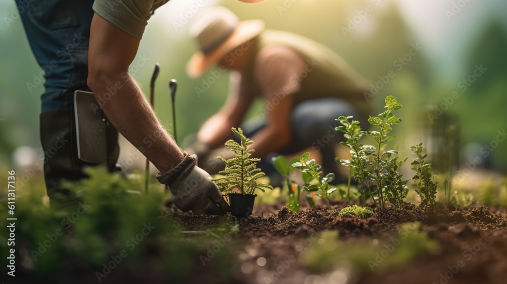 A man plants trees in a square in a community garden, promoting local ...