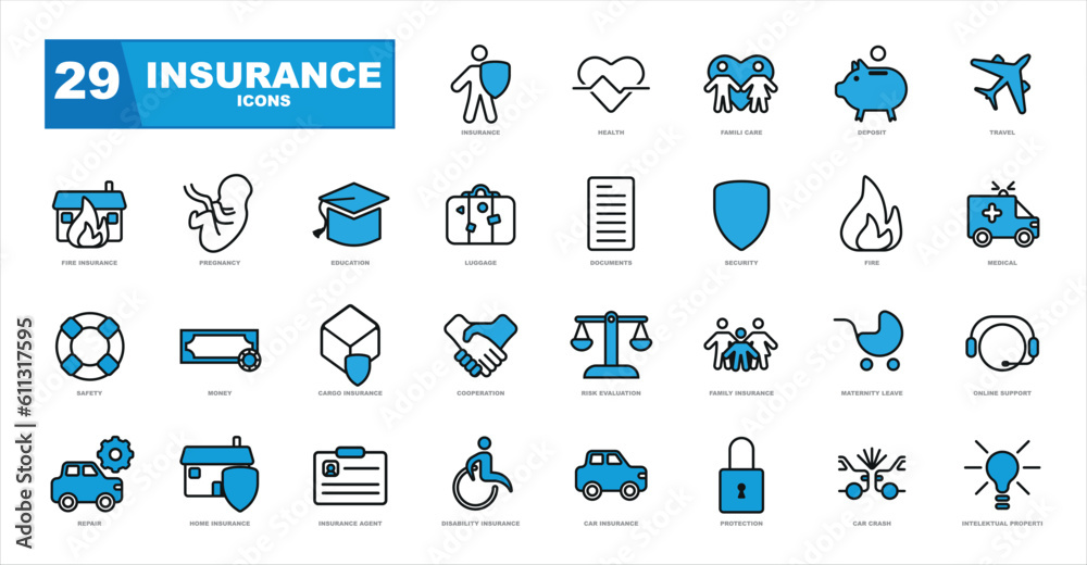 Vector set of insurance icons. Outline icon set, vector, simple thin ...