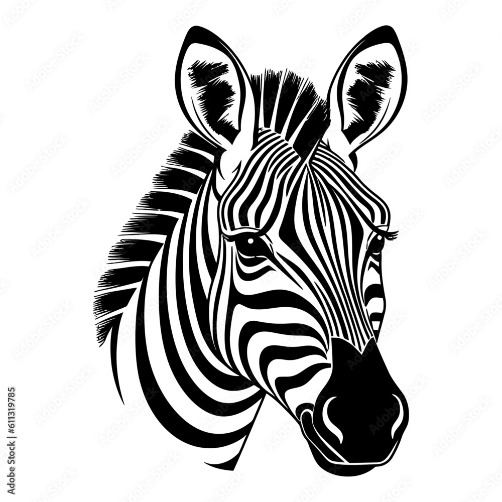 Zebra head, silhouette African zebra, isolated on white background, vector illustration. Stock ...