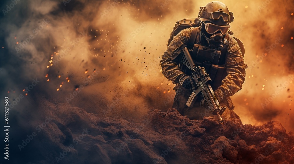 Military special forces soldiers crosses destroyed warzone, Generative ...