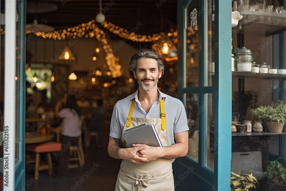 Small business owner at entrance looking at camera. Image ai generate ...