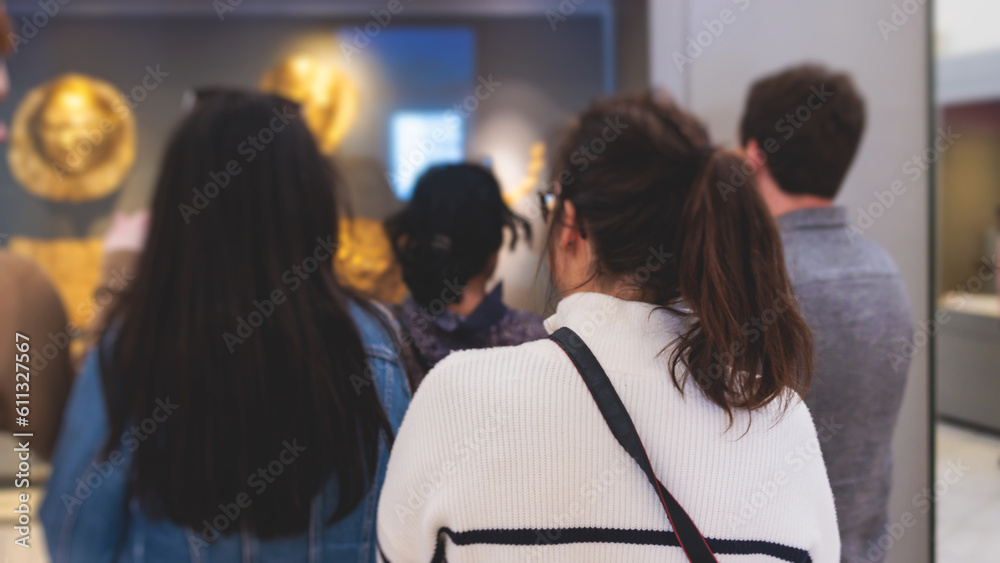 Group of students on excursion tour visit gallery museum with tour ...