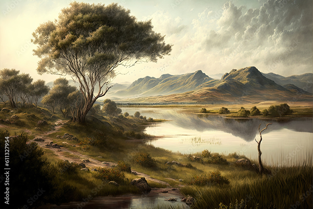 An Oil Painting Style Illustration of a Classic Landscape Artwork That ...